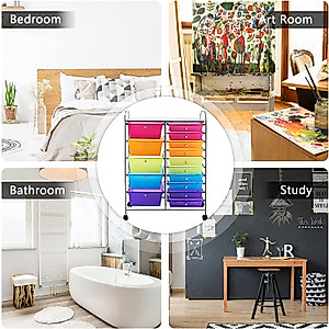 MEDIMALL 15 Drawers Rolling Storage Cart, Multipurpose Craft Storage Cart with Wheels, Mobile Tools Scrapbook Paper Organizer Cart for School Home Office Use (Rainbow)