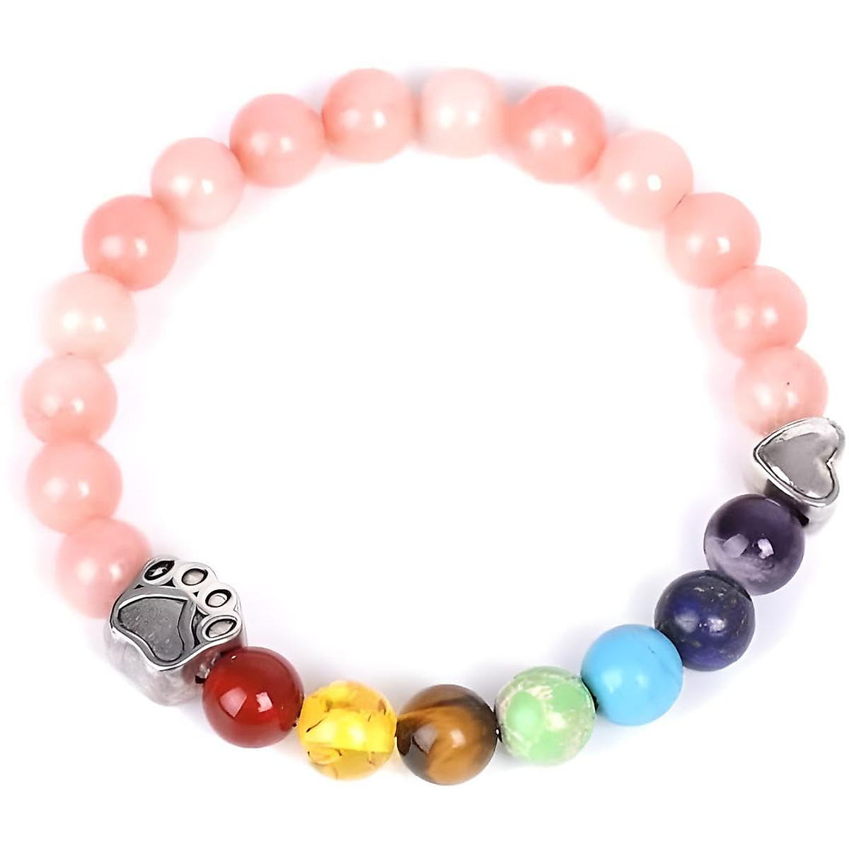 7 Chakra Natural Stone Paw Charm Bracelet (Pink) Lava Rock Mala Beads Elastic Bracelet Yoga Meditation Healing, Dog Puppy Cat Animal Paw Bracelet