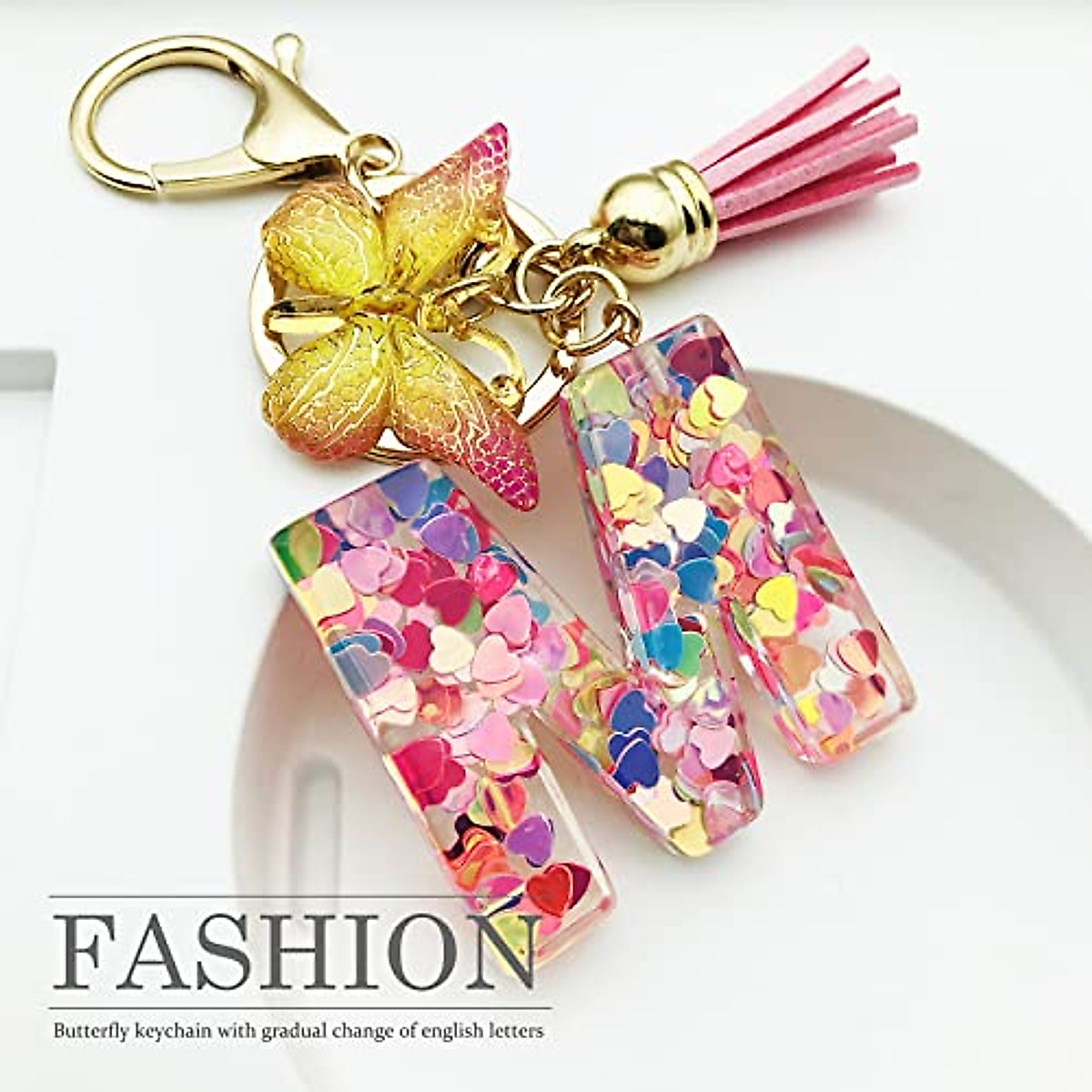 JINGUAZI Initial letter Keychains for Women Tassel Butterfly Pink Cute Car Keychain for Wallet Purses Backpack (Pink M)