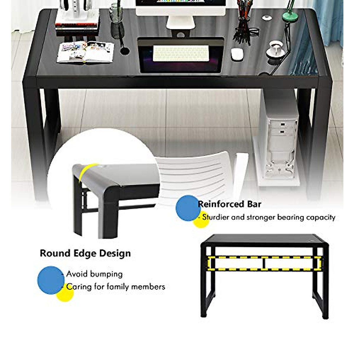 Jerry & Maggie - Tempered Glass Computer Desk Strength Sturdy Surface Laptop Desk Dinning Cocktail Table USB Accessory Attribute Professional Office Desk Modern Plain Legs Personal Workstation Black