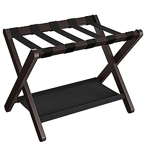 SONGMICS Luggage Rack, Folding Suitcase Stand with Storage Shelf, for Guest Room, Hotel, Bedroom, Heavy-Duty, Holds up to 131 lb, Chestnut Brown URLR007R01