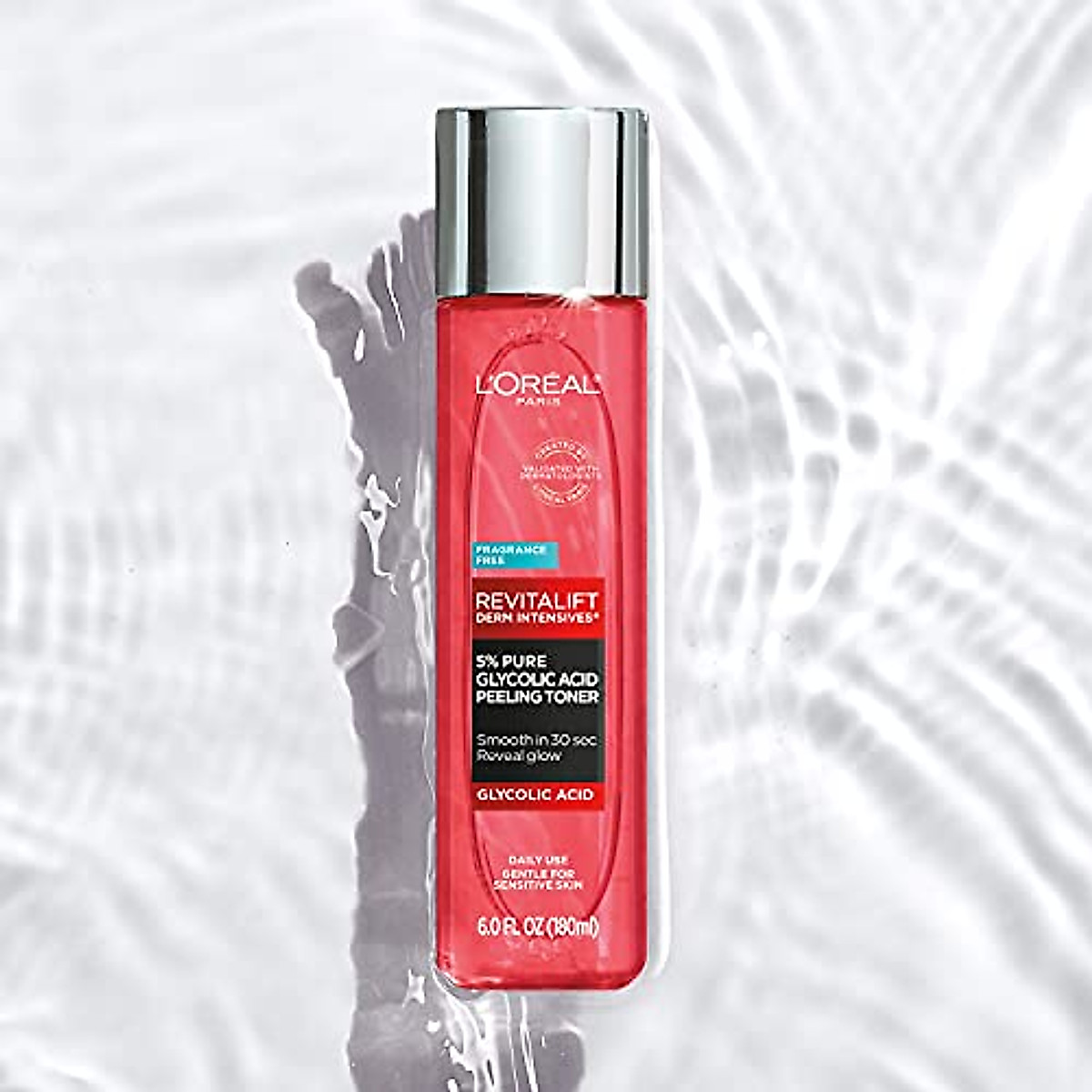 L'Oreal Paris Revitalift 5% Pure Glycolic Acid Peeling Toner with Aloe Vera, Smooth Skin & Reveal Glow, Daily Exfoliant, Alcohol Free, Fragrance Free 6 fl oz