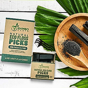 Natural Dental Floss Picks - Eco Friendly Cruelty Free & Vegan Tooth Flossers Pick Set with Biodegradable and Compostable BPA Free Handle & Zero Waste Packaging - 200 Pack (Bamboo Charcoal Flavored)