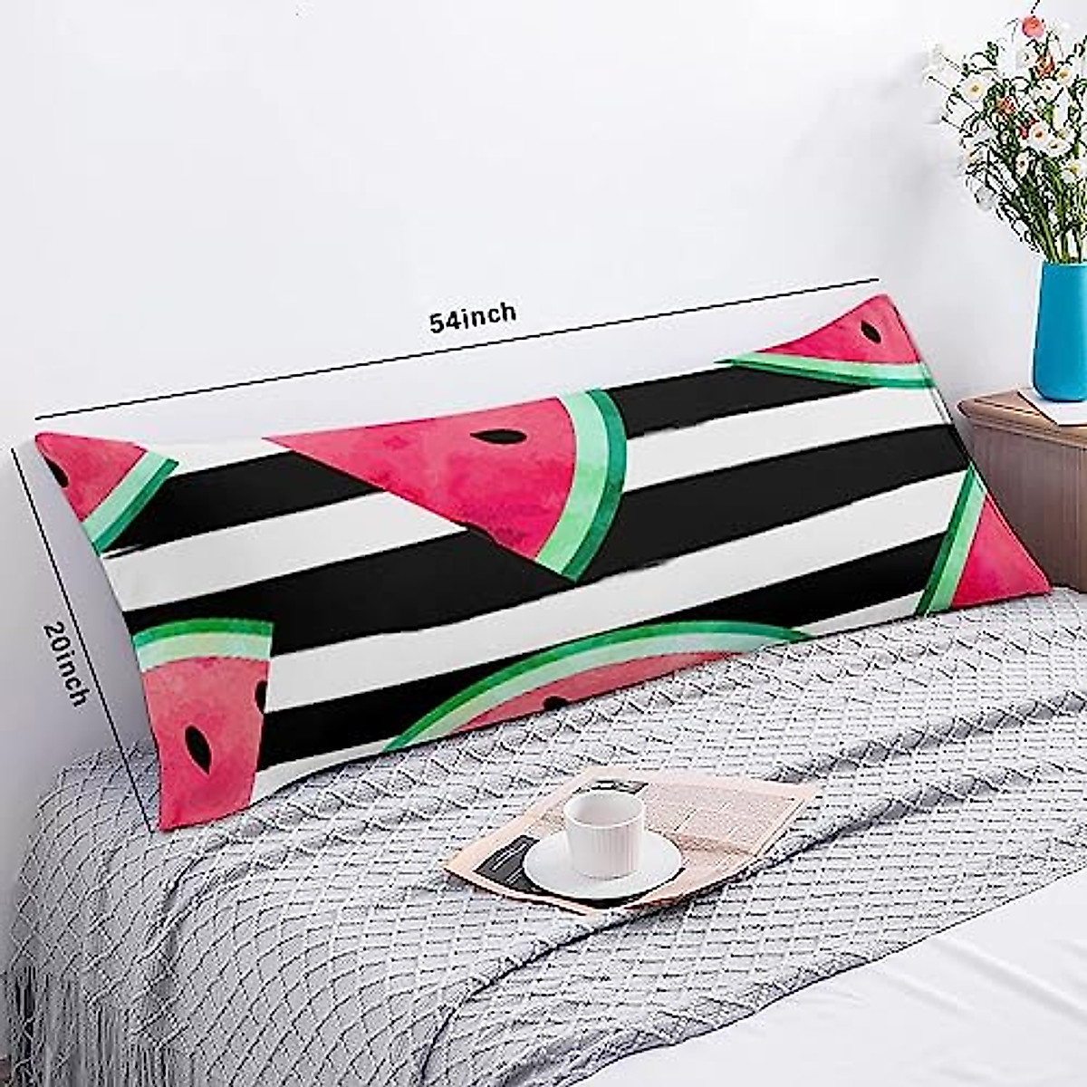 Body Pillow Cover with Zipper Closure, Super Soft and Cozy Body Pillow Case Cover Luxury Long Body Pillowcase Tropical Fruit Watermelon Pink Summer Stripe Black and White Background 20 x 54 Inches