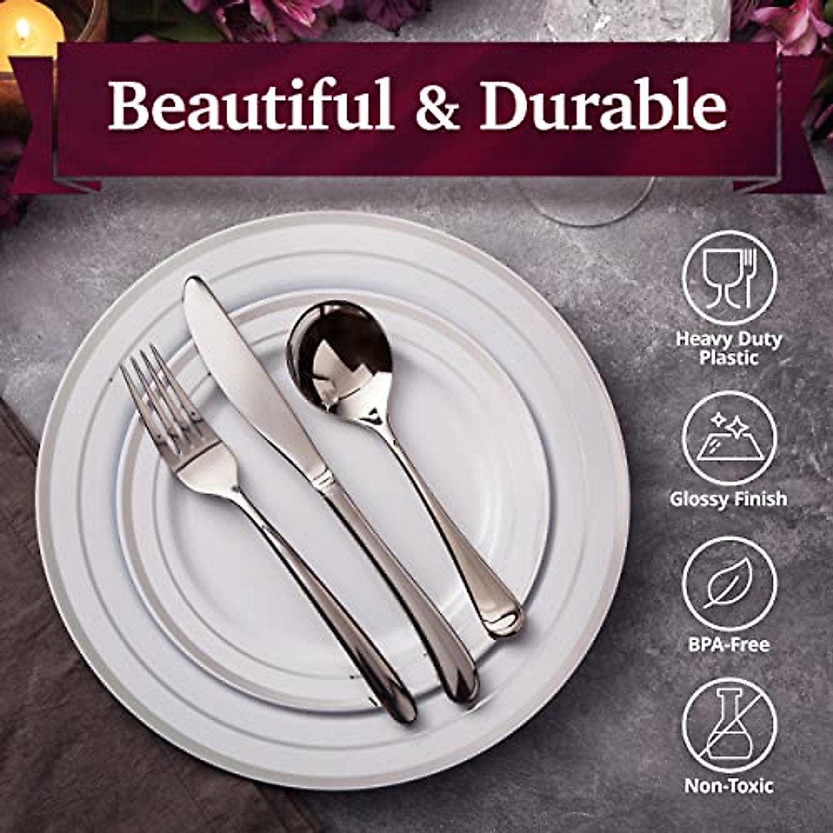 Aya's 60 Silver Plastic Plates Disposable Heavy Duty Premium Plastic Plates, 30 Plastic Dinner Plates + 30 Dessert Appetizer Plates for Weddings, Fancy Disposable Plates for Party White Plastic Plates
