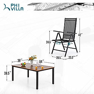 PHI VILLA 7 Piece Patio Dining Set, Outdoor Dining Furniture Patio Table Set with Patio Folding Chairs (Black) & Rectangle Wooden-Like Outdoor Dining Table for Lawn, Garden and Yard