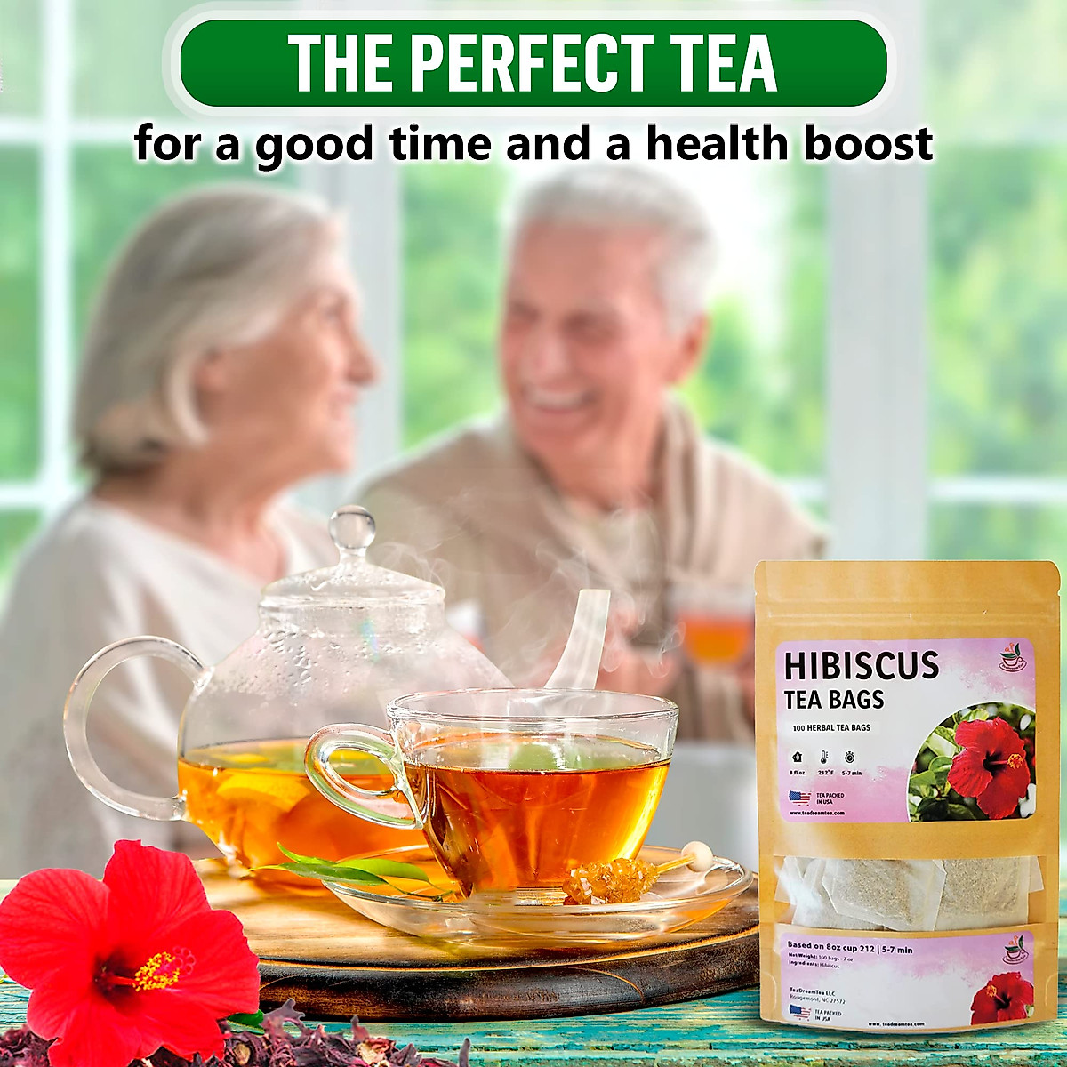 TeaDreamTea Hibiscus Tea Bags | 100 Bleach-Free Tea Bags | Caffeine Free | Dried Hibiscus Flowers | Hibiscus Flower Tea | Dried Flower Tea | Brew Hot or Iced |Herbal Hibiscus Tea
