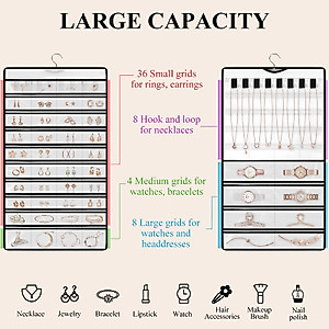Elegant Hanging Jewelry Organizer for Closet, Double-Sided Dustproof Closet Jewelry Organizer for Earrings Necklaces Rings, Metal Hooks Wall Hanging Jewelry Organizer for in Hanging Closet, Wall, Door