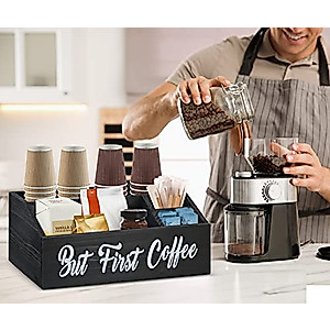 Coffee Station Organizer, Wooden Coffee Bar Bin Box, Countertop Coffee Bar Accessories Organizer, Coffee Pod Holder Storage Basket, Coffee Station Holder for Coffee Bar Decor, Coffee Lover (Black)