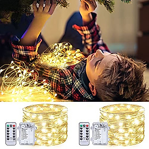 2 Packs Fairy Lights Battery Operated, 16.5 FT 50 LEDs Christmas String Lights Remote Control Timer Twinkle String Lights 8 Modes Silver Wire Firefly Lights for Garden Party Indoor Decor-Warm White