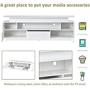 Modern LED TV Stand for 75 inch TV, White Entertainment Center with LED Lights and 4 Storage Cabinets, High Gloss Media TV Console with Drawer for Living Room, Bedroom