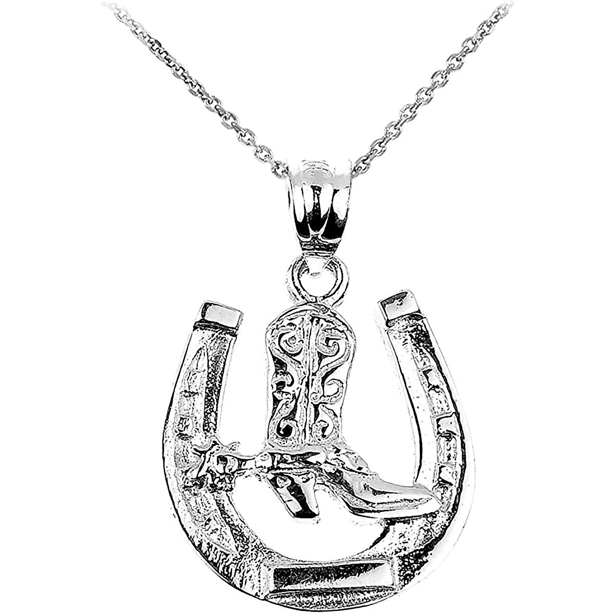 .925 Sterling Silver Lucky Horseshoe with Cowboy Boot Charm Pendant Necklace with Rolo Chain - 16"