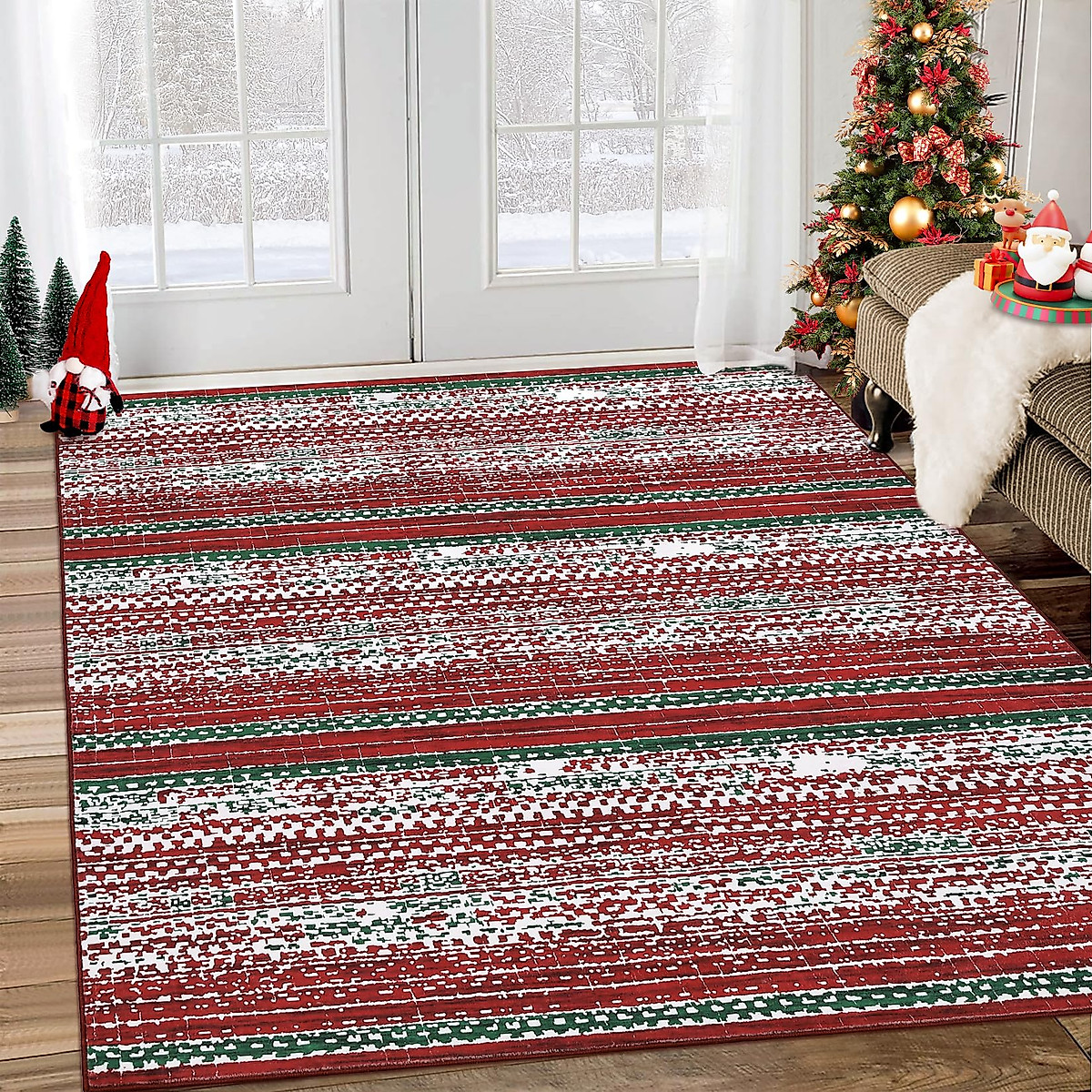 CAREMEE Christmas Rug 4x6 Machine Washable Bedroom Rug Holiday Decor Non Slip Throw Rug Soft Carpet Stain Resistant Accent Rug for Home Decor, Red
