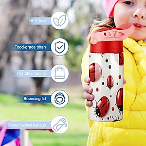 Stainless Steel Water Bottles Red Ladybug Travel Water Cups with Handle And Silicone Straw Drinking Cup with Leak Proof Lid Thermo Travel Mug for Women Men