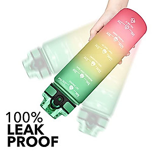 GOSWAG 32oz Motivational Water Bottles with Time Marker and Fruit Strainer, Sports Water Bottle with Times to Drink, Leakproof, Reusable Plastic Bottle with Strap no Straw for Gym, School