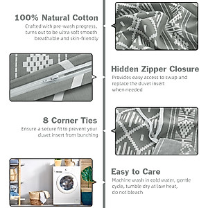 EWlinens Boho Duvet Cover King Size - Gray Geometric Bedding Duvet Cover Set 3 Pieces Bohemian Striped Pattern Printed Cotton Comforter Cover with Zipper Closure & Corner Ties, 104"x90"