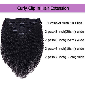 Clip In Extension 3C 4A Kinky Curly Full Head for Black Women Brazilian Remy Human Hair Natural Color 8Pcs with18clips 120g/Set (14 inch, curly wave)