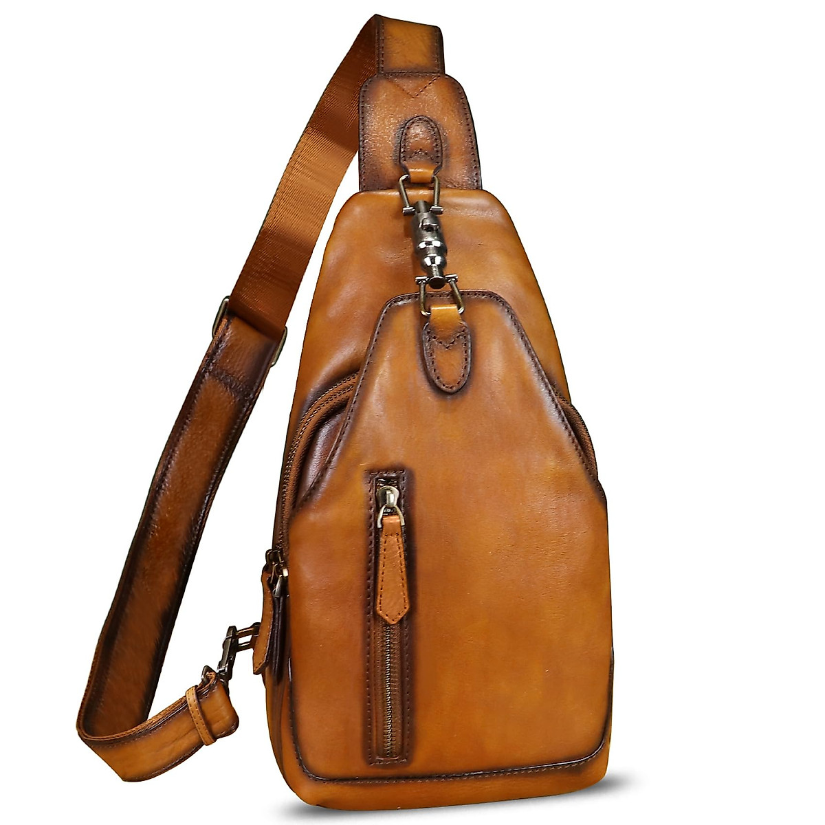 Genuine Leather Sling Bag Crossbody Purse Motorcycle Bag Handmade Hiking Daypack Retro Shoulder Backpack Vintage Chest Bag (Brown)