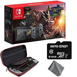 Newest Nintendo Switch Monster Hunter Rise Deluxe Edition with Gray Joy-Con, 6.2" Multi-Touch 1280x720 Display, with 128GB microSD Card and Carrying Case and Microfiber Cloth Bundle