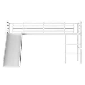 Giantex Twin Loft Bed with Slide, Metal Low Bunk Bed w/Safety Guardrails & Built-in Ladder, Toddler Bed Floor Frame for Boys & Girls, No Box Spring Needed (White)