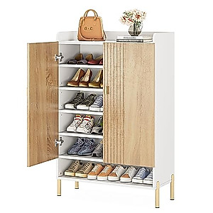 LITTLE TREE Storage Organizer Cabinet Wood Shoe Rack with Doors Adjustable Shelves, Wood & White