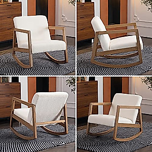 SENYUN Rocking Chair Nursery, Teddy Fabric Upholstered Glider Chair for Nursery, High Backrest Accent Chairs Rocker Wooden Armchair for Living Room, Bedroom