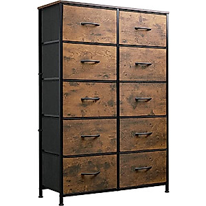WLIVE Tall Dresser for Bedroom with 10 Drawers, Chest of Drawers, Fabric Dresser for Nursery, Closets, Storage Organizer Unit with Fabric Bins, Steel Frame, Wood Top, Rustic Brown Wood Grain Print