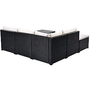 Patio Wicker Set,6-Piece Outdoor Furniture Set with PE Rattan Wicker, Patio Garden Sectional Sofa Chair with Removable Cushions for Porch, Beach (/Black Wicker+ Beige Cushion)