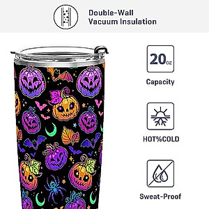 Jihqo Halloween Pumpkin Purple Tumbler with Lid and Straw, Insulated Stainless Steel Tumbler Cup, Double Walled Travel Coffee Mug Thermal Vacuum Cups for Hot & Cold Drinks 20oz