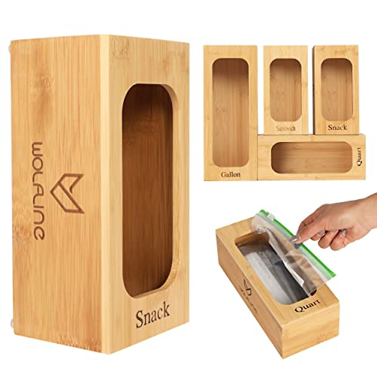 Wolfline Ziplock Bag kitchen drawer organizer, Bamboo plastic bag holder, Premium food storage bag organizer for gallon quart sandwich and snack, Bigger box size for quart slider bags, Silicone grip pad, 4pcs bamboo drawer organizer