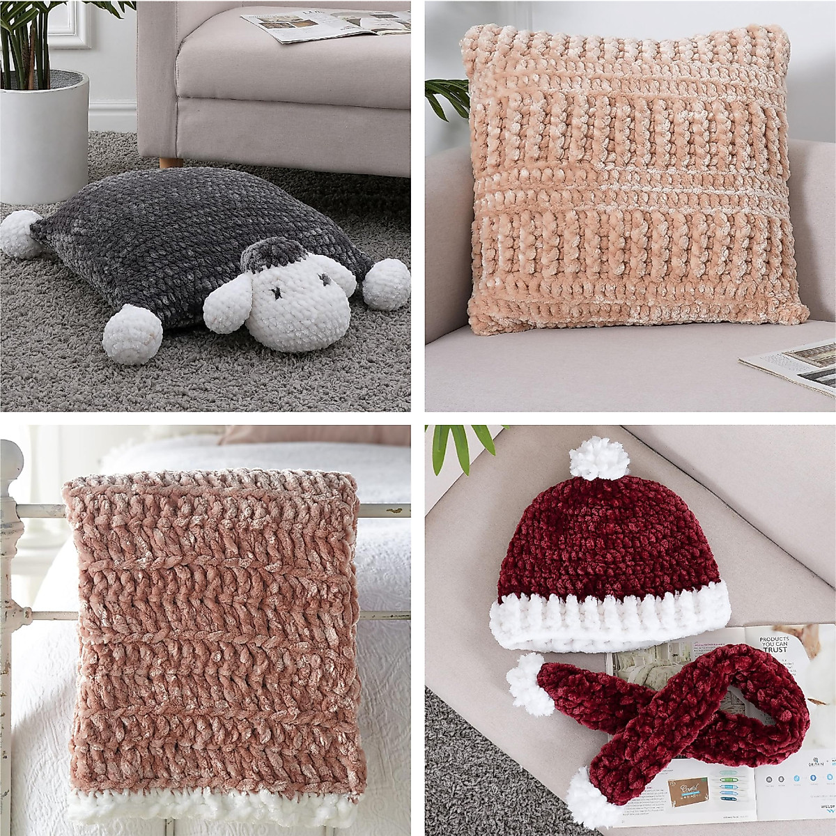 Crafted By Catherine Luxe Velvet Solid Yarn - 4 Pack (300 g / 10.5 oz, 98 Yards Each Skein), White, Gauge 6 Super Bulky