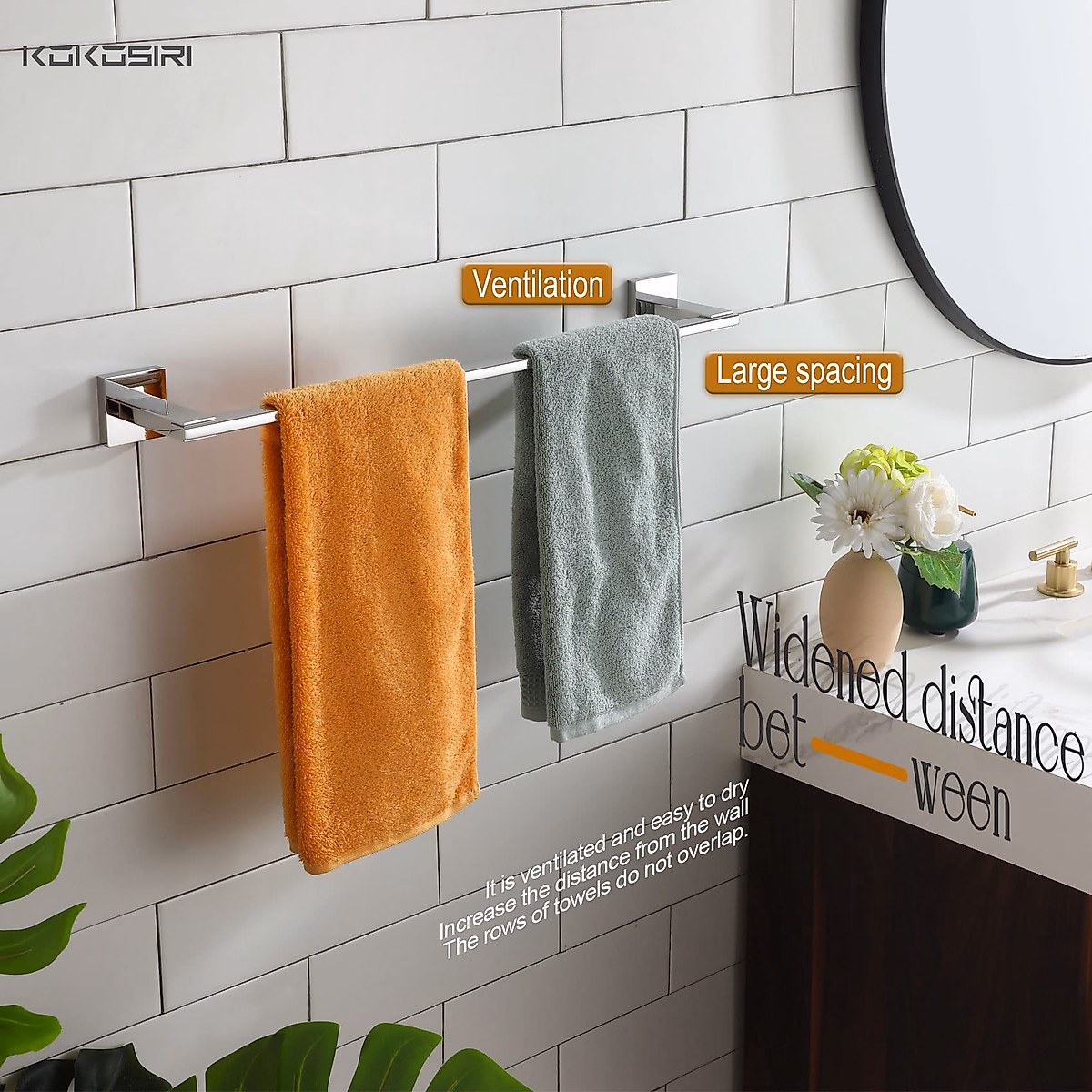 KOKOSIRI Bath Towel Bar Chrome Bathroom Hardware Towel Holder Wall Mounted for Kitchen Toilet 24 Inches Necklace Holder Polished Stainless Steel B4006CH-L24