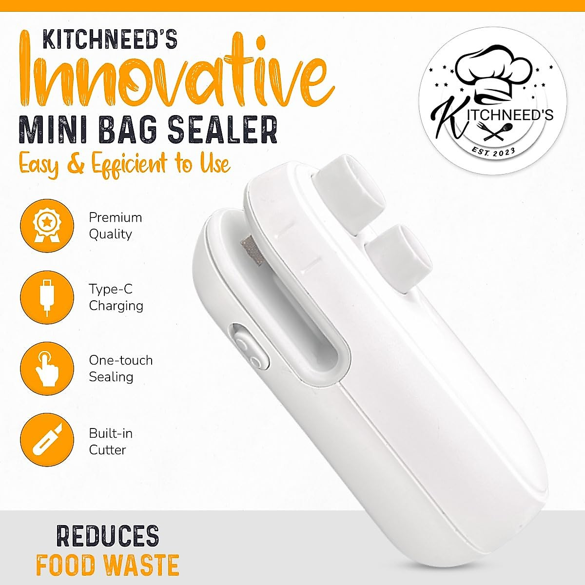 KITCHNEED'S MINI BAG SEALER, Preserve Freshness and Reduce Food Waste,2-in-1 Sealer & Cutter, Rechargeable, Quick and Easy.