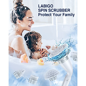 LABIGO Electric Spin Scrubber LA1 Pro, Cordless Spin Scrubber with 4 Replaceable Brush Heads and Adjustable Extension Handle, Power Cleaning Brush for Bathroom Floor Tile (White)