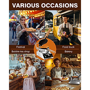 PYY Bubble Waffle Maker - Commercial Egg Puff Waffle Iron Machine, 1500W 122-482℉ Electric Stainless Steel Hong Kong, 30 Egg Cones | 180° Rotating| Black Non-stick Coating | Crumb Tray | Wooden Handle