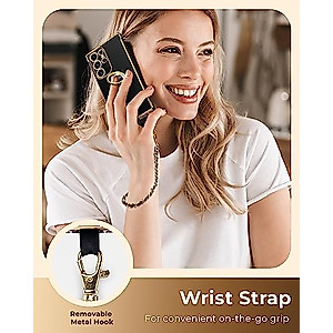 Miss Arts for Samsung Galaxy S23 Ultra Case, Ring Holder Stand Luxury Bling Electroplated Phone Case with Strap, Cute Soft TPU Samsung S23 Ultra Cover for Women Girls, Black