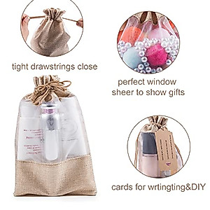 15 Pack 6.3x9.5 Inches Beige Linen Burlap with Sheer Window Organza Gift Bag with Drawstring for Christmas Gifts Wedding Party Favors Cosmetic Perfume Mesh Pouch