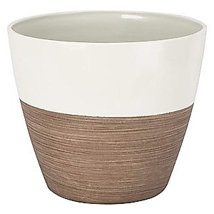 Rocky Mountain Goods Planter Pot - Round Durable Resin 8” Pot - UV Coated Finish to Prevent Fading - Modern Look Flower Pot for Patio, Porch, Outdoor or Indoor (8", Ivory/Wood)