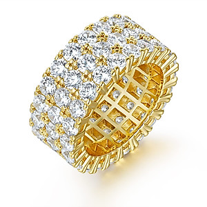 Gemsme 3 Row Cubic Zirconia Ring, 14K Yellow Gold 3 Row Cubic Zirconia Eternity Statement Ring for Women (Yellow Gold Plated, 7)