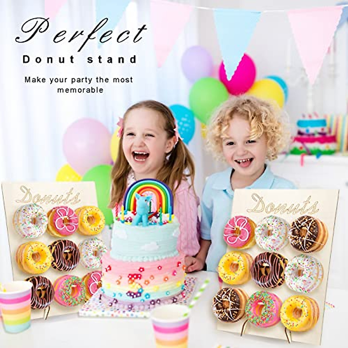 ULENDIS 2 Pack Donut Wall Display Stand Wooden, Reusable Donut Holder Board Fits 18 Doughnuts, Doughnut Food Buffet Display for Wedding Baby Showers Birthday Gathering Party Decorations and More