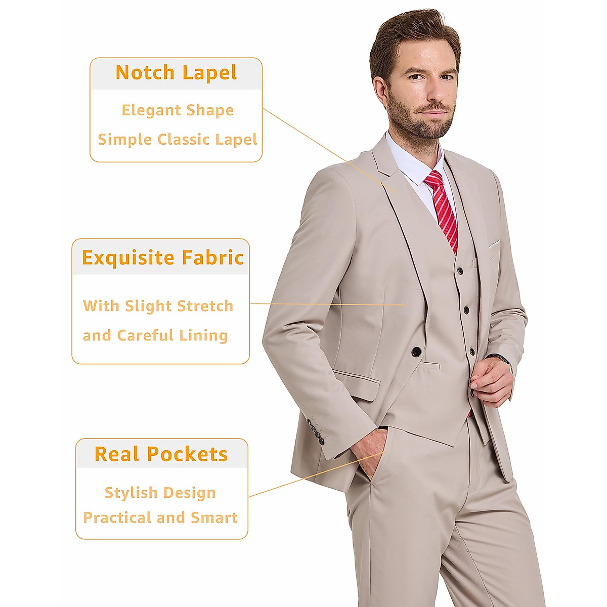 MrSure Men’s 3 Piece Suit Blazer, Slim Fit Tux with One Button, Jacket Vest Pants & Tie Set for Party, Wedding and Business Black