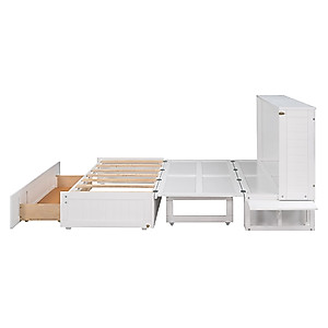 LETSHOME Queen Size Mobile Murphy Bed with Drawer and Little Shelves on Each Side,Storage Platform Bedframe for Home/Office,White