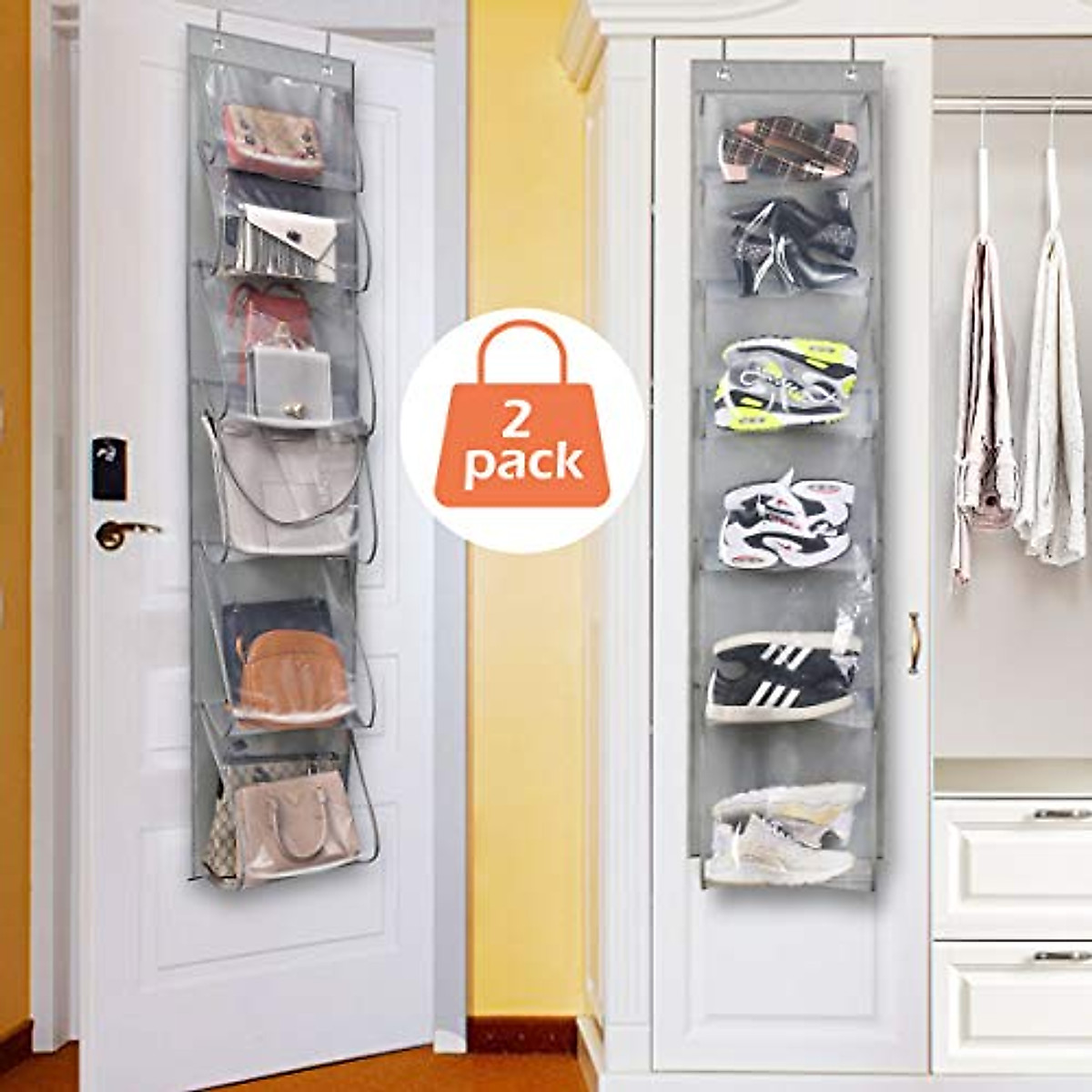 KIMBORA 12 Extra Large Pockets Shoe Organizer and 2 Packs Hanging Purse Organizer