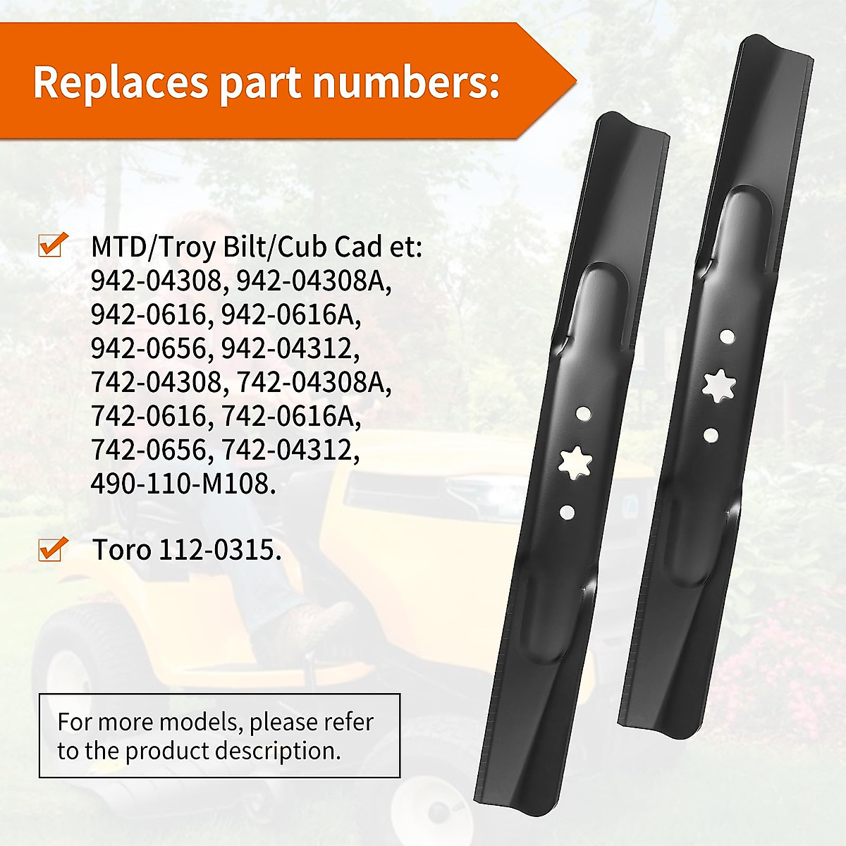 budrash 742-04308 Mower Blades Fit for Cub-Cadet Troy Bilt 42" Deck, 942-04308A Blades for Cub Cad et XT1-LT42 XT2-LX42 Riding Mower, Craftsman LT1500 42" Lawn Tractor, 2 Pack