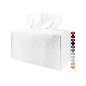 Leather Tissue Box Cover Rectangular – with Bottom Belt [JESMINI, White] Modern PU Leather Long Rectangle Tissue Box Cover Decorative for Bathroom Vanity Countertop/Night Stands/Office Desk