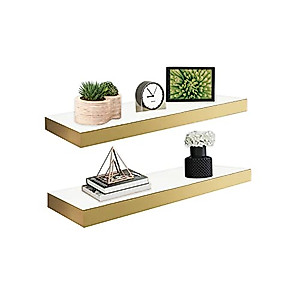 Floating Shelves, Wall Mounted Shelves, 24-Inch Wall Shelves for Living Room Decor, Bedroom, Office, Kitchen, Bathroom, Modern White Shelf With Invisible Brackets, Set of 2 (Gold)