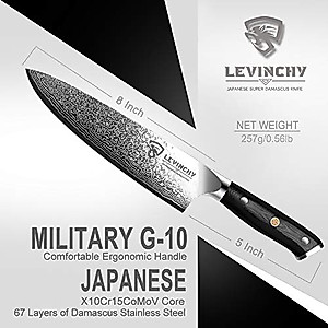 LEVINCHY 8 inch Damascus Chef Knife with Black Premium G10 Handle, Professional Damascus Stainless Steel Knife, Ergonomic, Superb Edge Retention, Stain & Corrosion Resistant