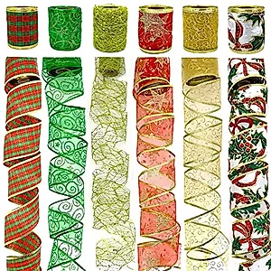 Christmas Ribbon Wired Wrapping Ribbon, 6 Rolls 36 Yards Red Green Gold Christmas Tree Ribbons Garland for Xmas Holiday Decorative Gift Wrapping Tree Wreaths Bows Decorations