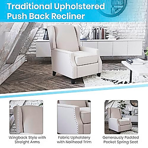 Flash Furniture Prescott Polyester Fabric Upholstered Slim Wingback Recliner, Modern Pushback Recliner Chair with Pocket Spring Seat, Cream