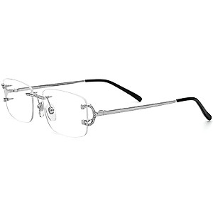 HEPIDEM Vintage Style Rectangular Rimless Metal Eyeglasses for Men Frameless Zircon Diamonds Glasses Frame (50254 Silver)